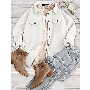 ZESICA Women's Casual Long Sleeve Button Down Loose Lightweight Shacket Shirt Jacket Coat Outerwear with Pockets,White,Medium