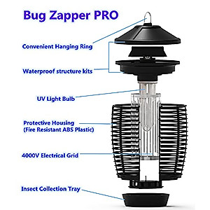 Outdoor & Indoor Waterproof Insect Repellent - Flying Bug Trap, Mosquito Trap, 20W / 4000V Electric Mosquito Killer (3 Blubs) - Flying Insect Trap for Backyard, Yard, Home
