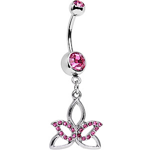 Body Candy Stainless Steel Pink Accent Live in the Light Lotus Flower Dangle Belly Ring