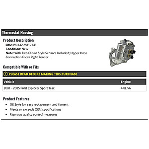 Marketplace Auto Parts - Thermostat Housing - with Two Clip-In Style Sensors Included - Compatible with 2001-2005 Ford Explorer Sport Trac 4.0L V6