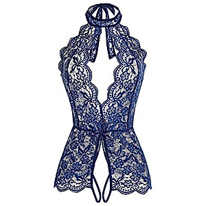 Women's Teddy Lingerie Crotchless Lace Choker Bodysuit Lingeries Floral Crochet One Piece Babydoll Hollow Out Mesh Sheer Sleepwear for Bride