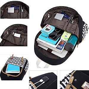 BAGTOP School Canvas Backpack Set - 15" Laptop Backpack with USB Charger Port Travel Daypack Bookbag + Drawstring Backpack + Purse/Clutch Pouch(Black-4)