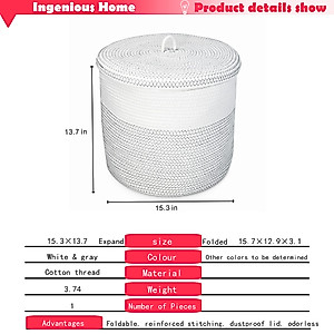 Ingenious Home –basket with lid, woven baskets for storage, nursery hamper with lid, for room living room decorative storage， multi-Purpose lidded basket( Gray line 16D x 14H inch)