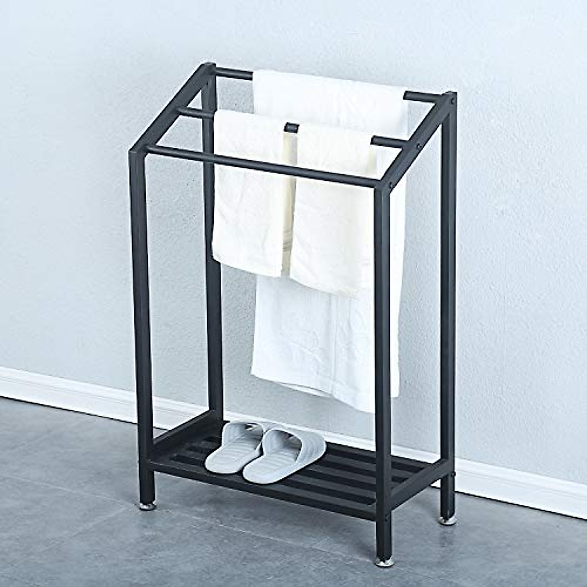 LENGEN Industrial Modern 3 Tier Metal Towel Bar Stand with Shelf for Bathroom, Free Standing Towel Rack,Indoor/Outdoor,Black