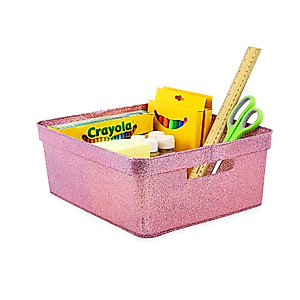 Isaac Jacobs Medium Glitter Storage Bin (14” x 11.5” x 5.5”) Set w/Cut-Out Handles, Plastic Organizer, Multi-Functional, Home Storage Solution, Kids Playroom, Bedroom, Closet (2, Pink)