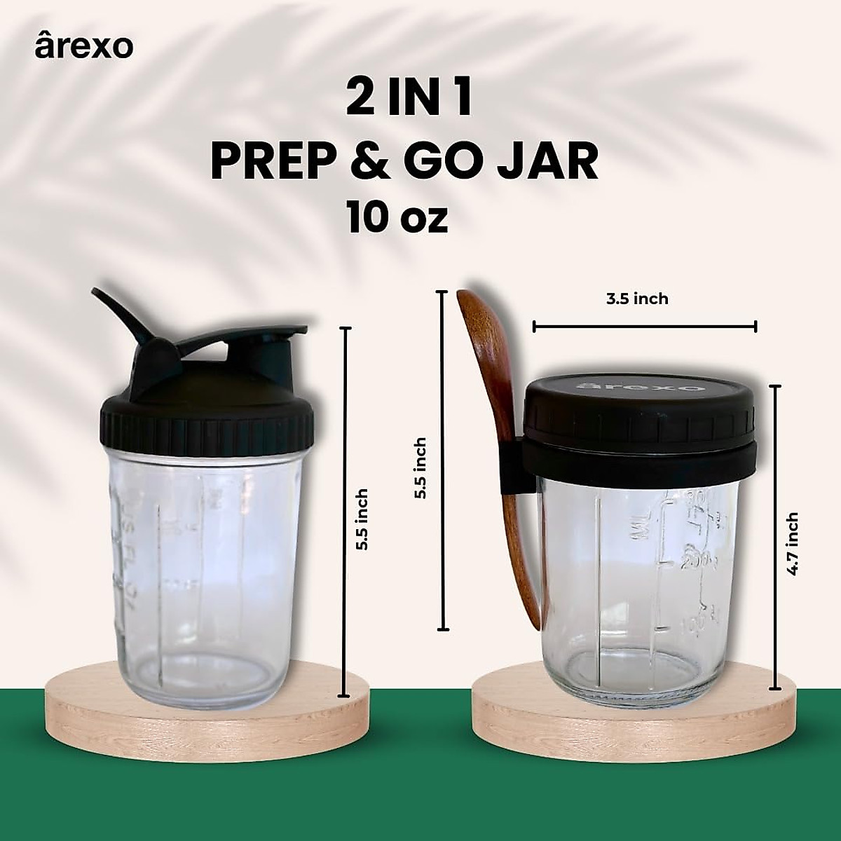 arexo Overnight Oats Containers with Lids – Practical Oatmeal Oat Jars – 3pcs Overnight Oatmeal Jars with Regular Lid and Blender-Style Lid – Thick Glass Overnight Oat Container – Lightweight and Comp