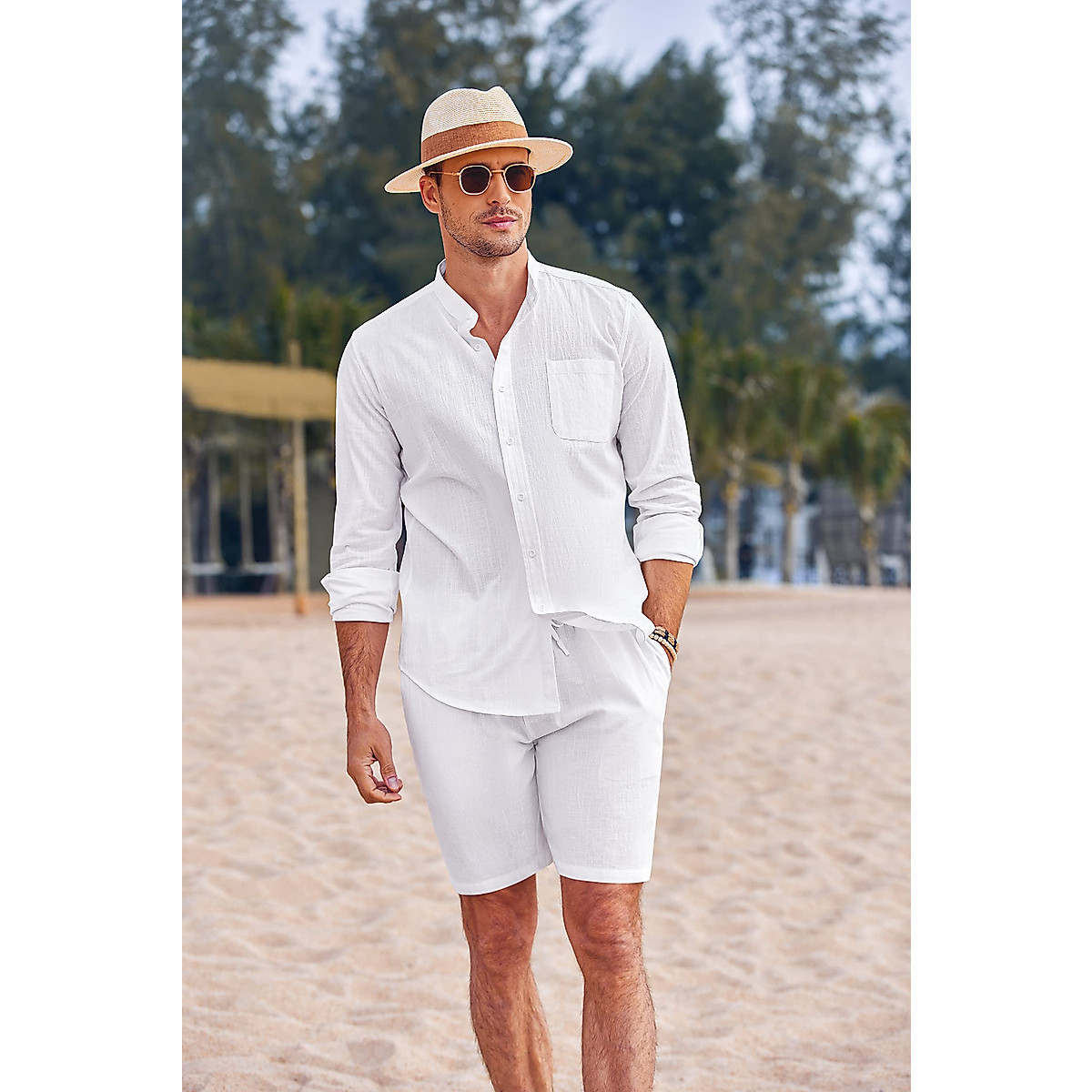 COOFANDY Mens White Beach Shirt And Shorts Casual Long Sleeve V-Neck Beach Shirt And Big And Tall Shorts For Men (White L