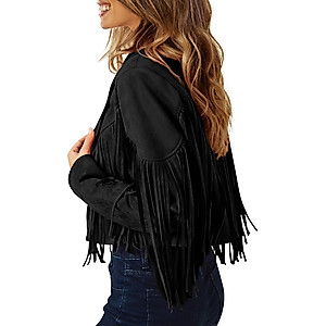 PRETTYGARDEN Women's Fringe Faux Suede Leather Jackets 2025 Fashion Tassel Motorcycle Cropped Coats (Black,Large)