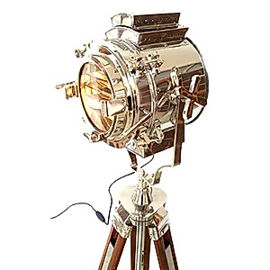 Maritime Nautical Studio Chrome Floor Lamp Searchlight Wooden Tripod Spotlight Floor Lamp For Decorative By , Brown & Silver, 45 Inch