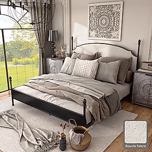 Furniture of America Eleanor Modern Curved Metal Poster Bed King Size with Boucle Fabric Headboard and Panel Style Footboard, Box Spring Required, Gunmetal Black