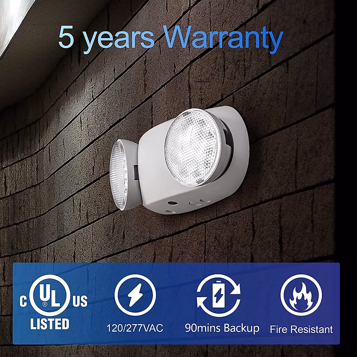 LED Emergency Light with Battery Backup, Two Adjustable Heads Commercial Emergency Light, US Standard 120-277V (UL 94V-0), Domestic Power Outage Emergency Light, Rechargeable Bulb (1-Pack)