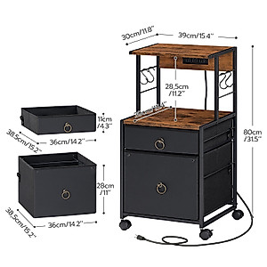 HOOBRO 2-Drawer File Cabinet, Filing Cabinet with Charging Station, Vertical Office Cabinet with Open Storage Shelf, Printer Stand, A4/Letter Size, Nonwovens Drawer, Rustic Brown and Black BFK23UWJ01