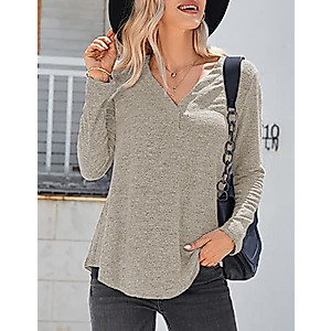 iGENJUN Long Sleeve V Neck Tunic Sweatshirts for Women T Shirts Solid Classic Loose Fit Tops 2023 Fall Fashion Trendy Outfits,Khaki,XL
