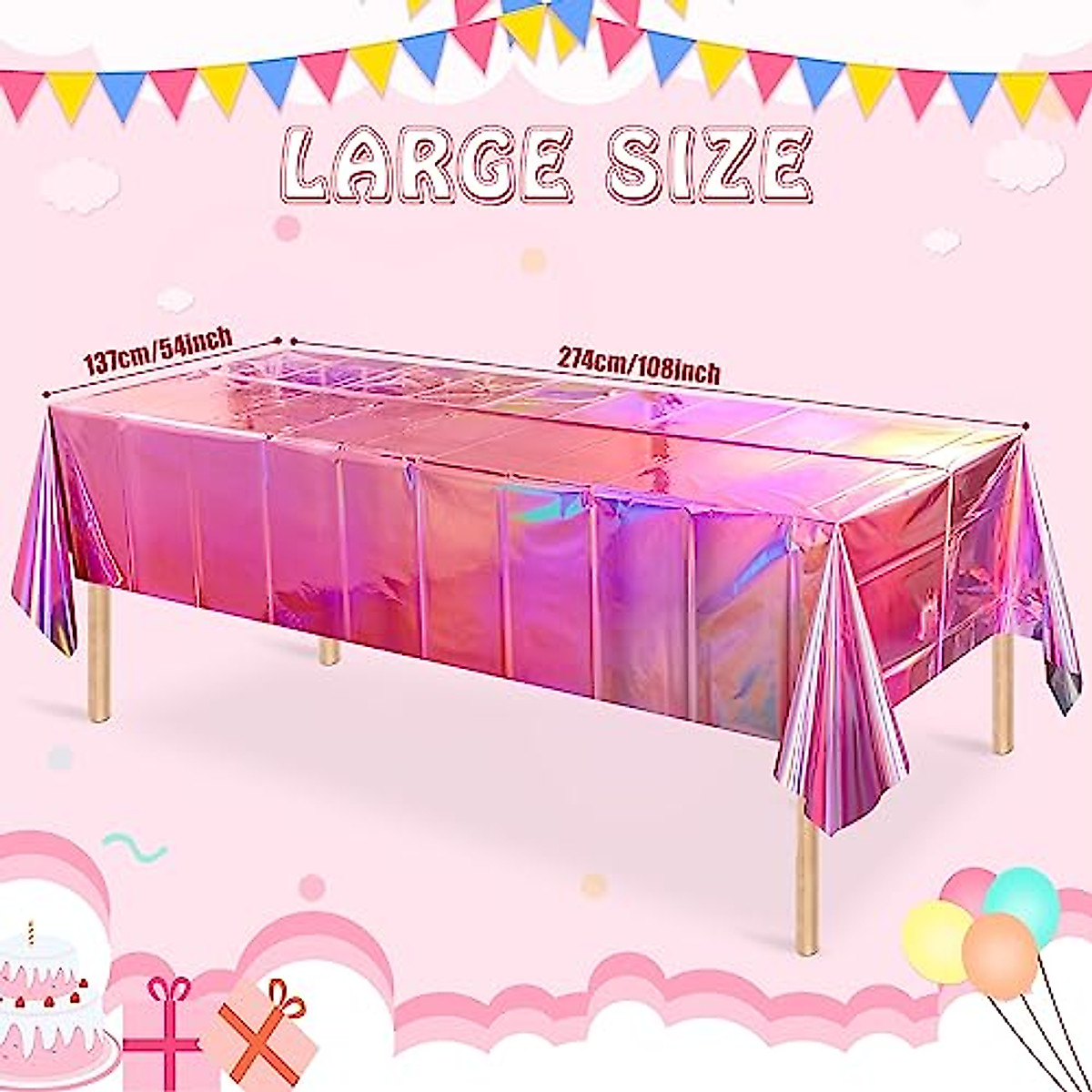 4 Pack Iridescent Pink Plastic Tablecloths, Shiny Disposable Laser Rectangle Table Covers, Holographic Foil Tablecloth Iridescent Party Decorations for Birthday Bridal Wedding Christmas, 54 x 108 Inch