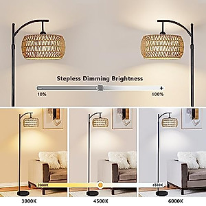 Arc Floor Lamp with Remote Control, Dimmable LED Floor Lamp with 3 Color Temperature, Black Standing Lamp with Rattan & Fabric Double Drum Shade, Boho Farmhouse Tall Pole Lamp for Living Room Bedroom