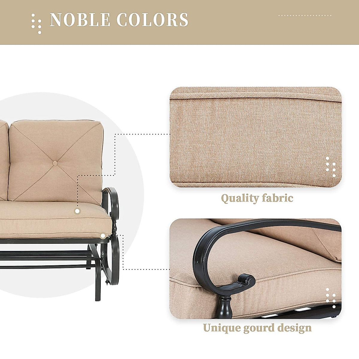 SUNCROWN Outdoor Swing Glider Chair, Patio 2 Seats Loveseat Rocking Chair with Cushions, Steel Frame Furniture - Brown