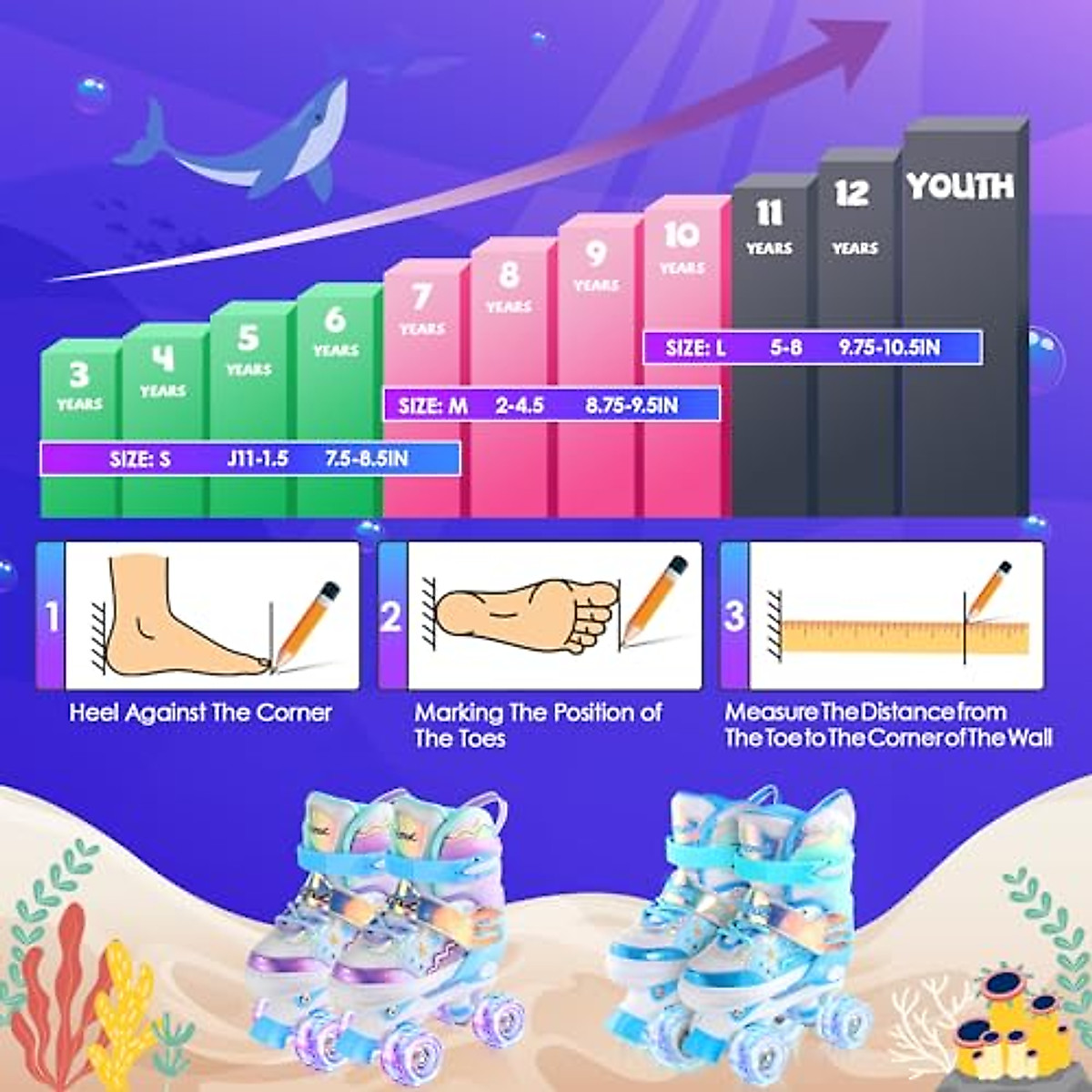 Mermaid Kids Roller Skates Adjustable Roller Skates with Light Up Wheels for Kids, Beginner, Girls, Boys Outdoor Roller Skating for Toddlers, Skating Shoes for Ages 3-12