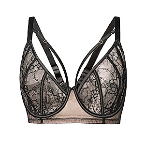 ANGABRIEL Women's Plus Size Underwire Bra Non-Padded Sheer 3/4 Cup Bra Strappy Lace Bra for Big Busted Women (k, 40, Big, Black)
