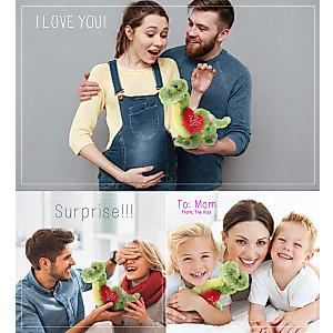 DolliBu I Love You Valentine Green Dinosaur Plush - Cute Dinosaur Stuffed Animal with Red Heart and Name Personalization Gift for Valentines Day, Birthday, Anniversary, Romantic Date - 10 Inches