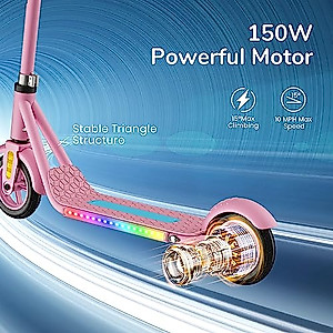 Scoothop Kids Electric Scooter,Colorful Rainbow Lights Electric Scooter with Bluetooth Music Speaker, LED Display,4 Height Adjustable and 3 Speed Adjustment,Electric Scooter for Kids Ages 6-12(Pink)