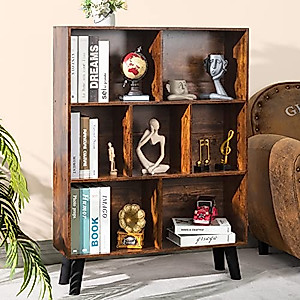 LELELINKY Mid Century 7 Cube Bookshelf,3 Tier Modern Bookcase with Legs,Rustic Brown Bookshelves Storage Organizer Shelf,Wood Short Book Shelves,Free Standing Display Bookcases for Bedroom,Living Room