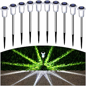 Gorrzai Solar Pathway Lights 10 Pack Solar Outdoor Lights, Led Waterproof Solar Powered Yard Walkway Lighting Stainless Steel Garden Stake for Path, Landscape, Lawn, Driveway, Backyard(Cold White)