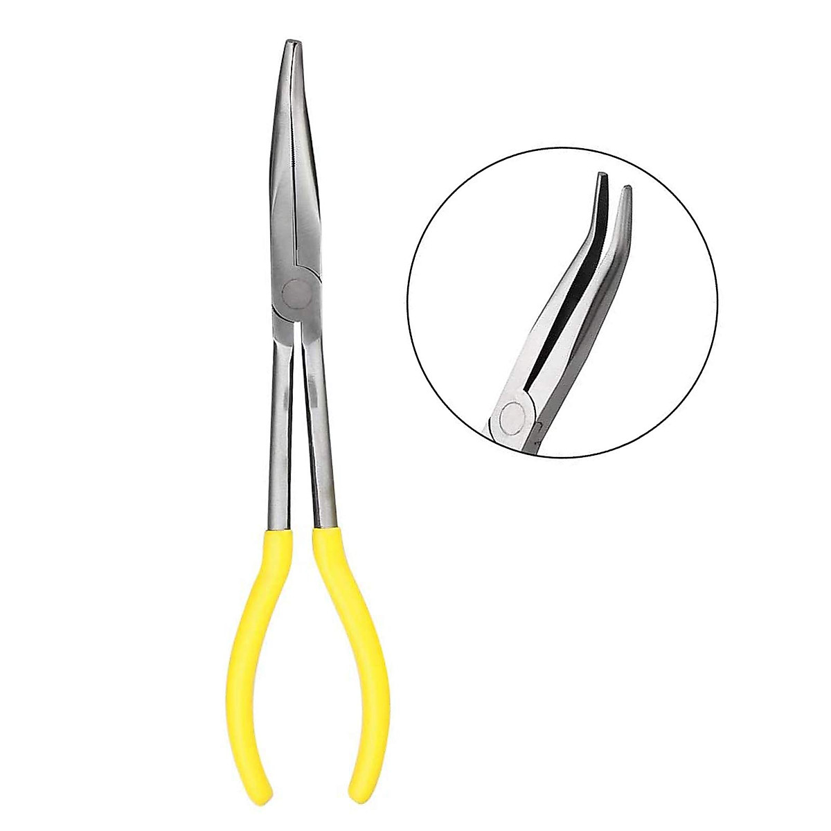 BQKKWIN 11 Inch Long Reach Long Nose Pliers | Designed for Mechanics, Technicians, and Contractors | Work with Delicate or Difficult-to-Reach Pieces | Milled-Jaws | Steel “45 Degree Bent Nose Plier