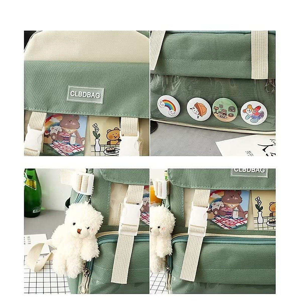 MOJIDUO Kawaii Backpack 4Pcs Set with cute plush Pendants & Badge,High capacity School Bag Cute Aesthetic Backpack