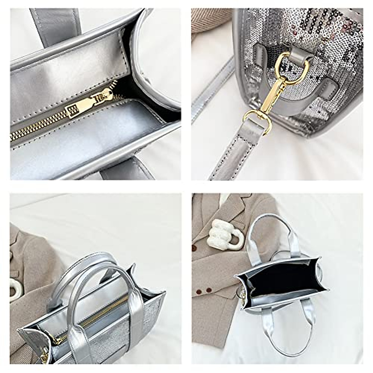 JQWSVE The Tote Bag for Women - Sequins Leather Tote Purse Designer Handbag Luxury Shoulder Crossbody Bag for Office Travel