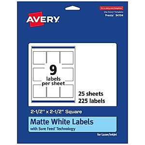 Avery Matte White Square Labels with Sure Feed, 2.5" x 2.5", 225 Matte White Printable Labels