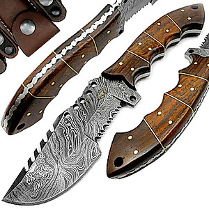 Best.Buy.Damascus1 Rose Wood 9.5'' Fixed Blade Custom Handmade Damascus Steel Tracker Hunting Knife Brass Pins Spacers Unique Beautiful File Work On Handel Come With Leather Sheath Prime Quality