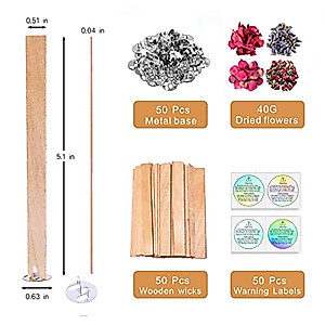 Visgaler 150 Pcs Upgrade Wood Wicks for Candle Making, Thickened Wood Wicks Made in USA, Smokeless Crackling Wooden Candle Wicks with Iron Stander, Glue Dot, Warning Labels and Gram Dry Flower(50 Set)