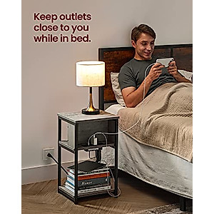 VASAGLE Side Table with Charging Station, 3-Tier End Table with USB Ports and Outlets, Nightstand for Living Room, Bedroom, 11.8 x 13.4 x 22.8 Inches, Plug-in Series, Greige and Black ULET373B02