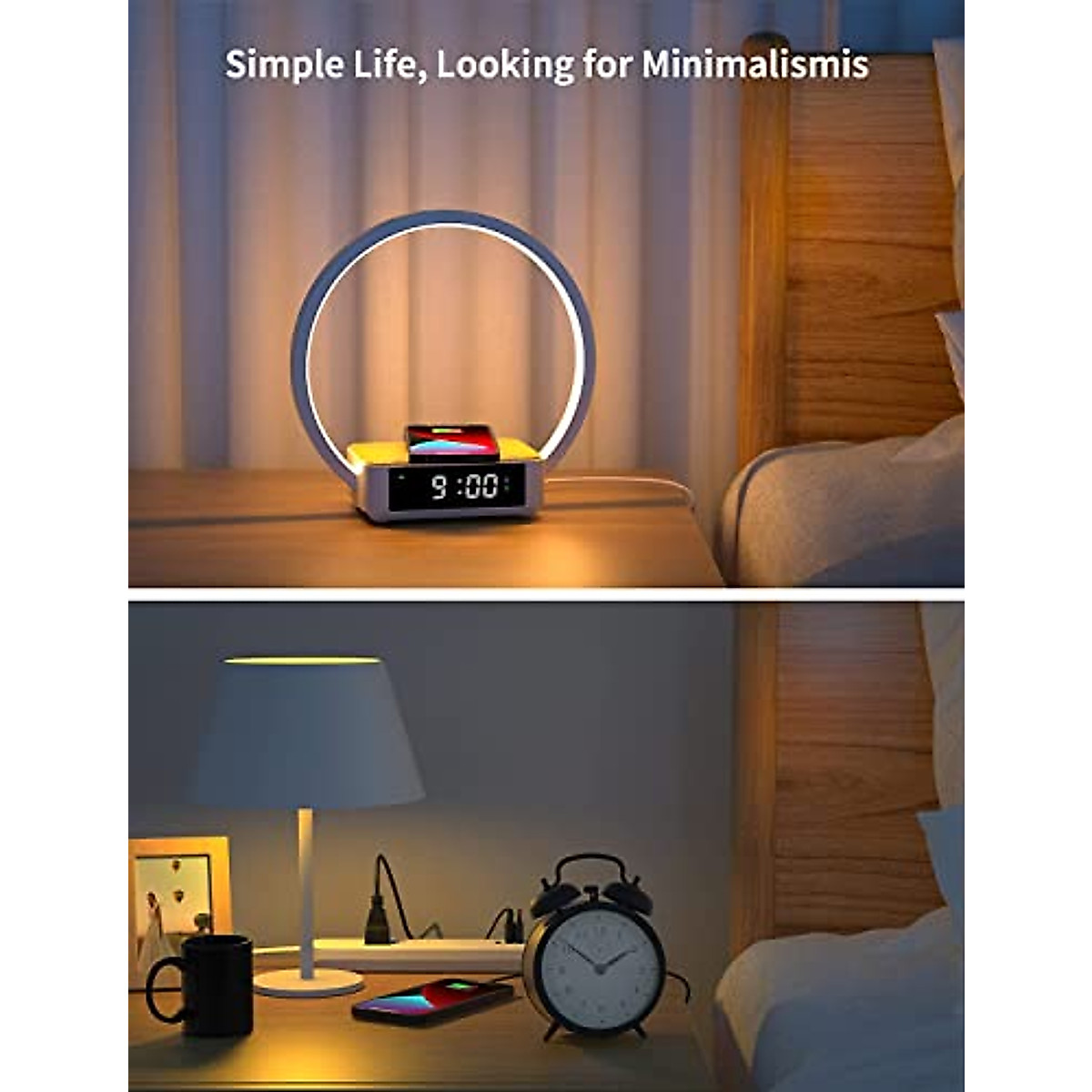 Amouhom Table Lamp, 18W Touch Lamp Alarm Clock with Wireless Charging Wake-Up Light, Digital Sonic 10W Max Qi Charger Nightstand Reading Lamps for Bedside, Reading, Home, Office