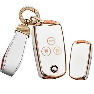 SANRILY Keyless Golden-Edge 3 Button Flip Key Fob Cover for Acura MDX TL TSX ZDX RSX for Honda Civic IX Pilot Accord 8 CRV Jazz HRV Key Case with Leather Keychain Beige