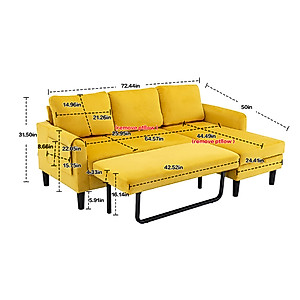 Hdxdkog L-Shaped Sectional Sofa with Pull-Out Bed 72" Sectional Sleeper Sofa Bed with Storage Chaise Lounge and Pocket, Upholstered Corner Couch for Living Room Home Office (Mustard)