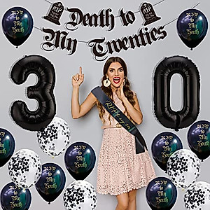 Death to My 20s Decorations, 30th Birthday Decorations for Him with Rip to My 20s Sash,30 Number Balloons Death to My Twenties Banner,Black and White Foil Balloons