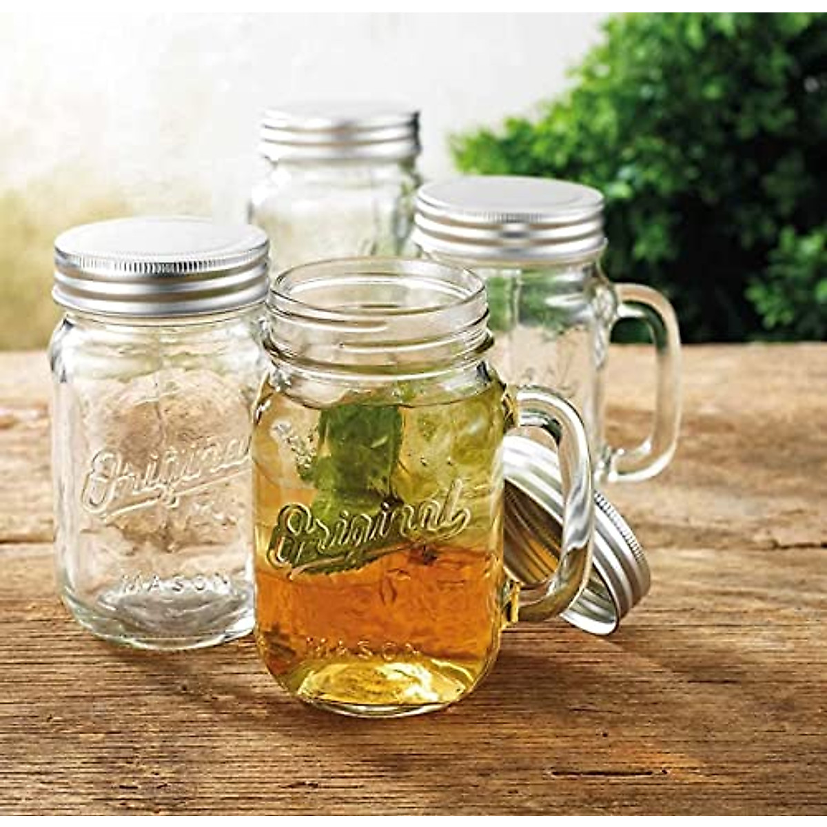 Glaver's Mason Jar 16 Oz. Glass Mugs with Handle and Lid Set Of 6 Old Fashioned Drinking Glass Bottles Original Mason Jar Pint Sized Cup Set.