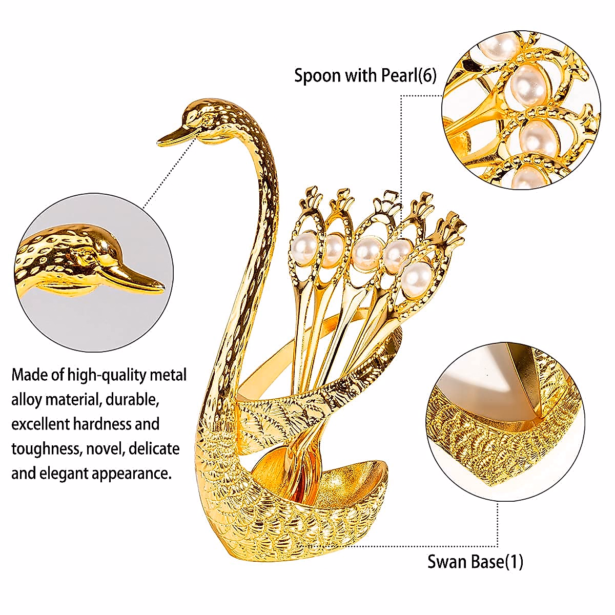 Coffee Spoon Set, Metal Swan Base Holder Dessert Spoon Organizer with 6pcs Spoons Teaspoon Dessert Flatware Set for Coffee Fruit Dessert Ice Cream Cake (Gold)