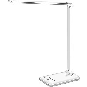 White crown LED Desk Lamp Dimmable Table Lamp Reading Lamp with USB Charging Port 5 Lighting Modes, Sensitive Control, 30/60 min Auto-Off Timer, Eye-Caring Office Lamp (Silver)