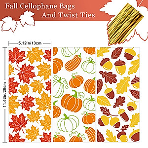 Whaline 150 Pcs Fall Cellophane Bags Maple Leaves Cello Bag 3 Styles Autumn Goodie Treat Bags with Gold Twist Tie Plastic Pumpkin Candy Gift Bag for Thanksgiving Halloween Party Favor Supplies
