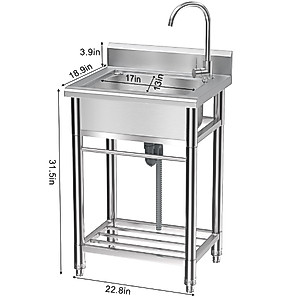 Lafati Stainless Steel Utility Sink - Single Bowl Free Standing Kitchen Sink NSF Certificated with Cold and Hot Water for Farmhouse, Bathroom, Bar, Laundry Room (23 Inch)