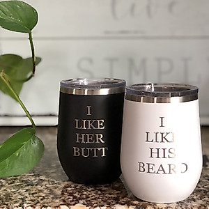 I Like His Beard, I Like Her Butt Wine Tumbler Set Wedding Engagement Gifts for Husband, Wife, Bride, Groom, His and Her Anniversary, 12 Oz Stainless Steel Wine Tumbler with Lid, Black and White