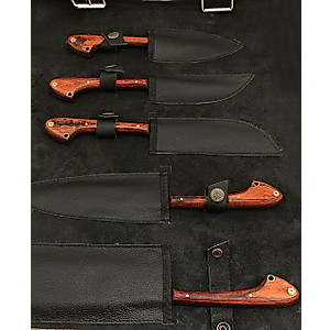 1033 Custom Made Damascus Steel 5 pcs Professional Kitchen Chef Knife Set with 5 Pocket Case Chef Knife Roll Bag by GladiatorsGuild (Red)