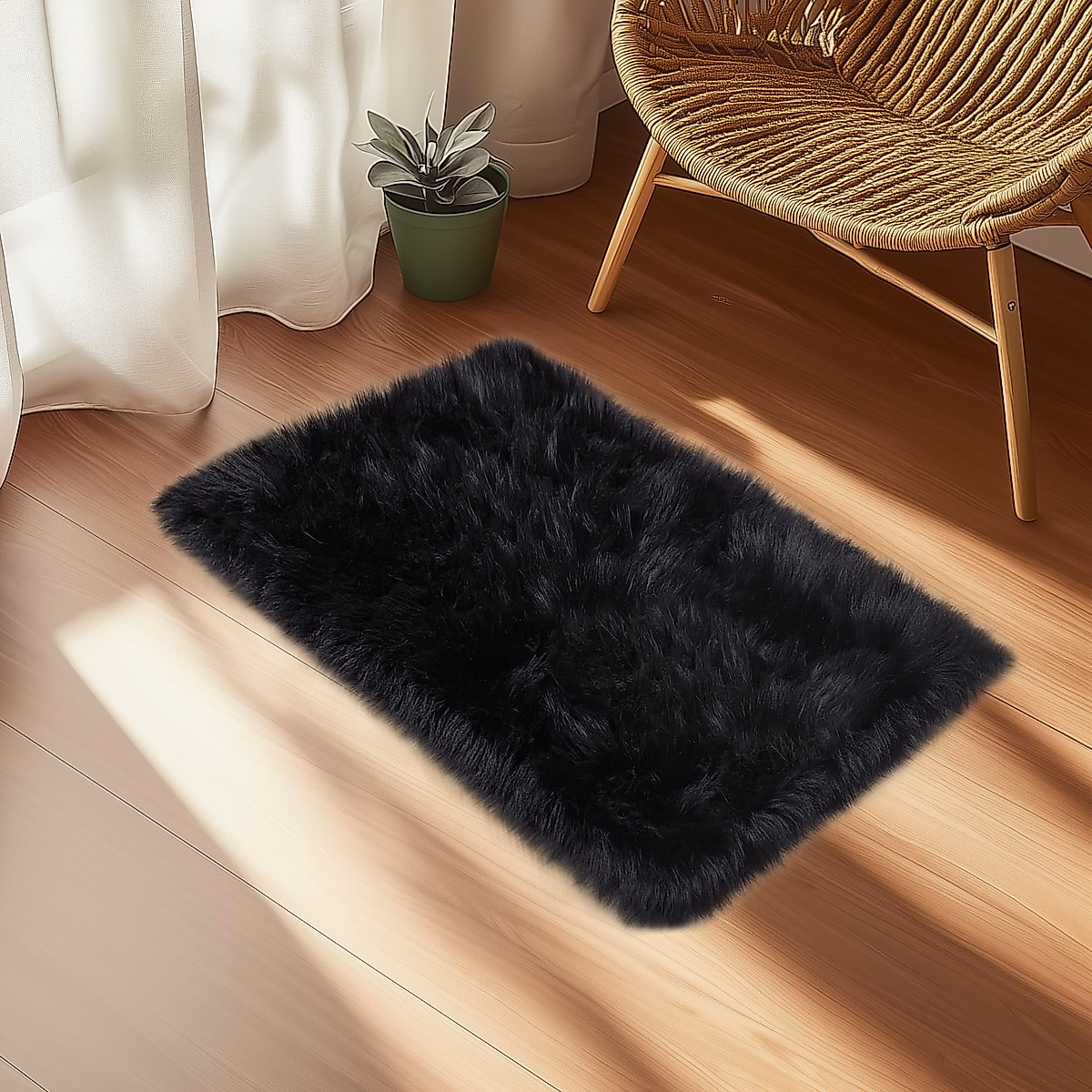 ORINOVA Black Faux Sheepskin Washable Fluffy Fur Area Rugs for Bedroom Small Fuzzy Carpet for Living Room 2x3 Boho Nursery Rug