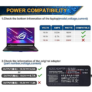 XTEES 180W 20V 9A Charger for ASUS Rog Zephyrus G14 G15 GA401I GA502 GA502D GA502DU GA502IU GA401 GA401II GA401IV TUF505DT TUF505DU ADP-180TB H Power Connector Cable