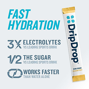 DripDrop Hydration - Zero Sugar Passion Fruit - Electrolyte Drink Mix Single Serve Powder Packets | Non-GMO, Gluten Free, Vegan | 32 Sticks