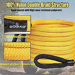 GODIAG 1"×20ft Kinetic Recovery Rope (33000lbs) Heavy Duty Energy Tow Rope with 2 Soft Shackles, Offroad Power Stretch Snatch Rope for Truck Jeep Car ATV UTV Tractor