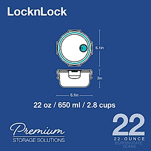 LOCK & LOCK Purely Better Glass Food Storage Container with Steam Vent Lid, Round-22 oz, Clear