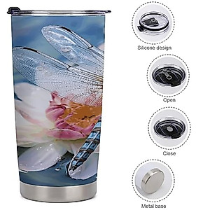FHENMSA Reusable Plastic Water Cups with Lids,Dragonfly Lotus Print Anti-overflow Cup,sports Travel Coffee Cup